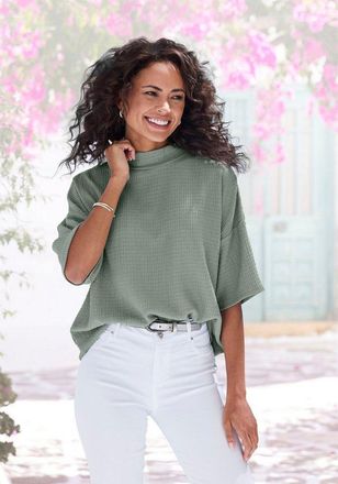 Lascana Kurzarmshirt mit Stehkragen aus bügelfreier Crêpe-Qualität