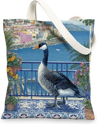 Generic Sacs fourre-tout artistiques en toile, sacs à provisions réutilisables, légers et lavables avec bandoulière, bleu, 13x15 Inch