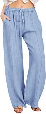 Generic Pantalon large pour femme - Taille haute - Cordon de serrage - Pantalon palazzo ample avec poches - Confortable - En coton et lin - Pantalon de joggin