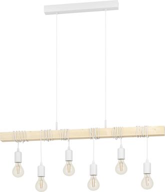 Eglo Pendellampe Townshend, 6 flammige Vintage Pendelleuchte im Industrial Design, Retro Hängelampe aus Stahl und Holz, Farbe Weiß, braun, FSC Zertifiziert