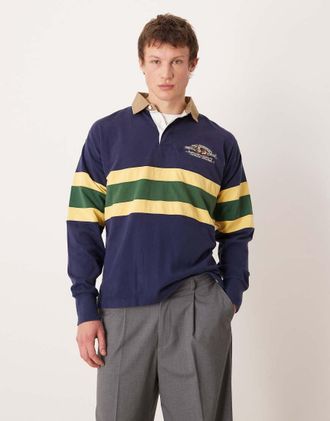 Polo Ralph Lauren Klassisches Oversize-Rugby-Polohemd in Marineblau/Bunt mit Streifen und Enten-Logo auf der Brust