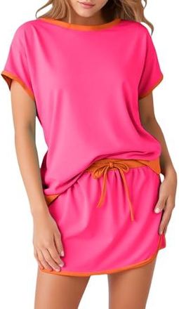 Generic Ensemble de salon 2 pi&egrave;ces pour femme avec jupe et jupe aux couleurs contrast&eacute;es, ensemble t-shirt et jupe, ensemble de surv&ecirc;tement d&eacute;t&eacute; assorti, RD1.