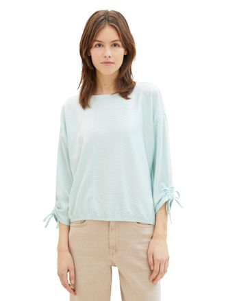 Tom Tailor Tom Tailor Denim Damen Loose Fit Longsleeve mit Streifen & Raffarm, 34743 - Small Mint White Stripe, XS