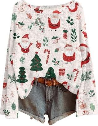Generic Pull tricoté léger pour femme avec motif sapin de Noël 2025 - Motif renne festif - Confortable et doux - Pour les vacances, blanc, 3XL