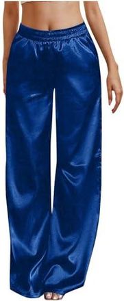 Generic Pantalon blanc pour femme - Grandes tailles - Satin - Pantalon de pyjama - Jambe large - Pantalon de jogging - Taille &eacute;lastique - Pantalon de sport d&eacute;