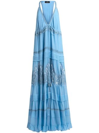 Etro robe en soie à fleurs brodées - Bleu