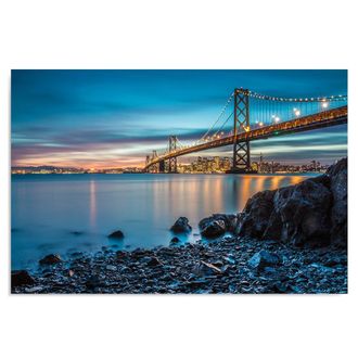 Feeby Frames, Leinwandbild, Bilder, Wand Bild, Wandbilder, Kunstdruck 70x100cm, BAY BRIDGE, SAN FRANCISCO, BLAU, GELB, ROSA