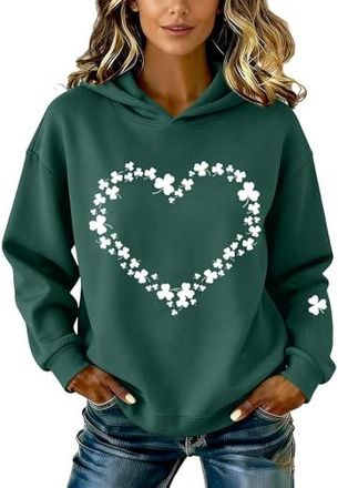 Generic HUIFUAO Sweat &agrave; capuche pour la Saint-Patrick pour femme - Imprim&eacute; tr&egrave;fle amusant - Motif coeur - Costume irlandais de la St Paddys - Vert - Chemises 