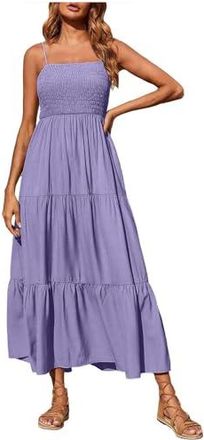 Generic Robe smock pour femme, grande taille, robe à volants, taille élastique, robe trapèze, robe sexy à bretelles spaghetti, robe basse de couleur unie, lon