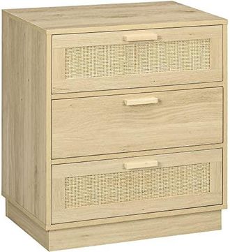 HOMCOM Commode 3 tiroirs Commode Chambre Meuble de Rangement Style bohème avec Cadre en Bois, Commode en rotin pour Chambre à Coucher, Salon, entrée dim. 60 