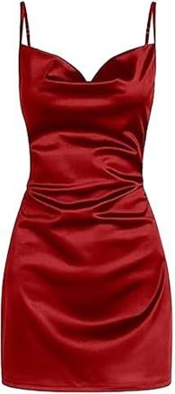 Generic Robe d&eacute;t&eacute; en satin pour femme avec col en V et bretelles spaghetti - Mini robe &eacute;l&eacute;gante et sexy pour sortir, f&ecirc;te, cocktail, rouge vin, Taille XS