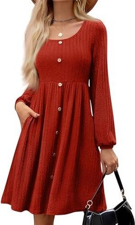 Generic Robe Tricot Femme Hiver Élégante à Manches Longues avec Boutons et Poches Col Rond Style Décontracté pour Automne Hiver Rouge XL