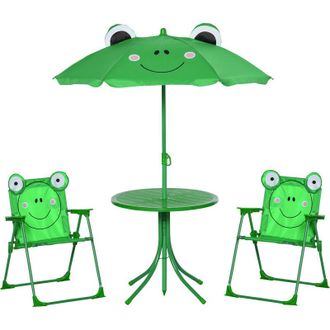 OUTSUNNY Ensemble salon de jardin enfant 4 pcs design grenouille - table ronde + 2 chaises pliables + parasol - m&eacute;tal &eacute;poxy oxford vert