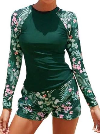 Onsoyours Maillot de Bain 2 Pièces Femme Rash Guard Top à Manches Longues avec Short de Bain Push up Tankini Ensembles Sport Plage Piscine Natation Beachwear Sw