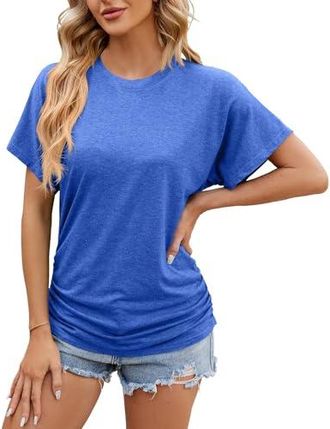 Generic Haut uni à manches courtes pour femme - Facile à porter - Couleur unie - Col rond - Ample - Plissé - Tendance - Pour la vie quotidienne - Cadeaux de N