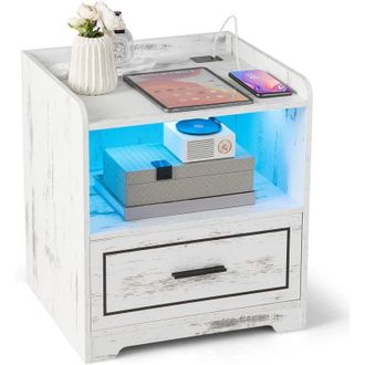 Costway Nachttisch mit led Licht, USB-Anschluss und Typ-C-Ladestation, Nachtschrank mit Bewegungssensor, Beistelltisch mit offenem Fach und Schublade