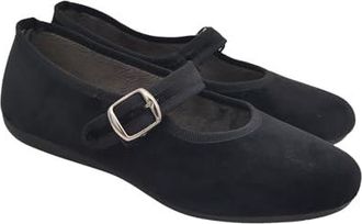 Dorea Originaux Mary Jane Ballerines pour femme à la maison, élégantes Frioulanes avec sangle, pantoufles basses en velours, fabrication artisanale, Noir, 3