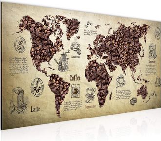 Runa Art Wandbild K&uuml;che Kaffee 1 Teilig 100 x 40 cm Modern Bild auf Vlies Leinwand Weltkarte Esszimmer K&uuml;chenbilder Beige Braun 037912a