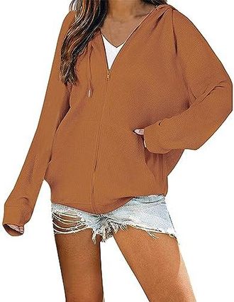 Generic Vestes &agrave; capuche &agrave; fermeture &eacute;clair pour femme 2026 - Imprim&eacute; surdimensionn&eacute; - Manches longues - Style streetwear des ann&eacute;es 90, marron, M