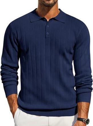 Coofandy Pull Polo Homme &Eacute;l&eacute;gant Tricot&eacute; Manches Longues &agrave; Rayures Verticales Style Business D&eacute;contract&eacute; Coupe Regular Bleu Marine XL