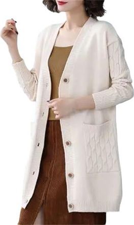 Generic Cardigan dhiver vintage r&eacute;tro tricot&eacute; avec col en V et poches unies pour femme, abricot, Taille XS