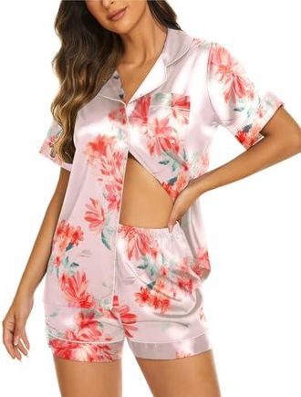 Ekouaer Pyjama Femme ete,Ensemble Pyjama Court Femme Haut à Manche Courte avec Boutons Drucken-2 S