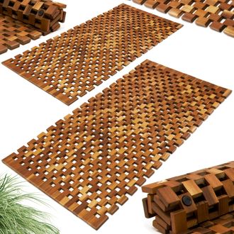 Deuba 2X Badvorleger Badematte Badvorleger Holz 80 x 50 cm FSC-zertifiziertes Akazienholz Rutschhemmende Gummistopper