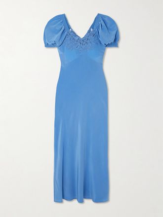 Rixo Ilaria Midikleid Aus Seide Mit Spitzenbesatz - Blau