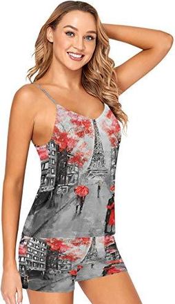 Mnsruu Ensemble de pyjama en satin pour femme Motif Paris Tour Eiffel - Multicolore - M