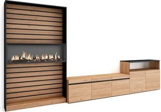 Skraut Home | Wohnwand Wohnzimmer | Wohnzimmerm&ouml;bel, M&ouml;belset | 360x186x35cm | F&uuml;r TV-Ger&auml;te bis zu 65 | Elektrokamin | Moderner Stil | Eiche Schwarz