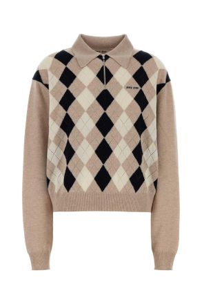 Miu Miu Argyle Cashmere Polo Sweater - Beige