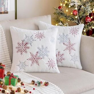 Miulee Lot de 2 Housse de Coussin No&euml;l Motif Flocon de Neige D&eacute;cration de Laine Artificiel Imitation Lapin Cheveux Taie doreiller Doux pour Canap&eacute; Salon Cham