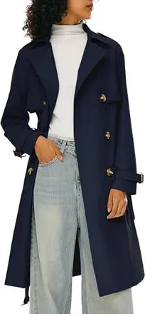 Orolay Femme Mi-Long Trench-Coat à Double Boutonnage avec Ceinture Printemps Automne Manteau Le Bleu Marine S