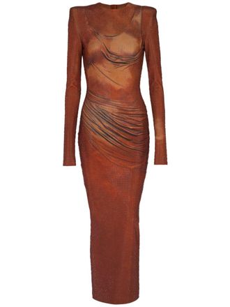 Balmain robe longue &agrave; ornements strass&eacute;s - Marron