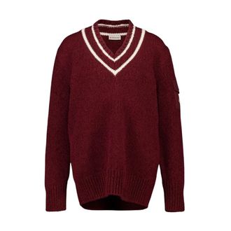 Moncler Wattierter Baumwoll- und Wollmischpullover mit V-Ausschnitt - - Knitwear - Damen - Rot - M