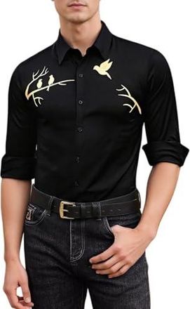 Generic Chemise extensible &agrave; manches longues pour homme - Chemise boutonn&eacute;e - Sans repassage - Chemises daffaires imprim&eacute;es - Coupe ajust&eacute;e - Chemisier de cos