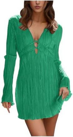 Generic 2026 Robe amincissante pour femme - Couleur unie - &Eacute;l&eacute;gante - Avec ceinture et manches - Coupe ajust&eacute;e - Midi, Vert, XL