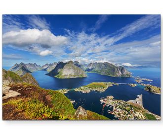 Paul Sinus Art Leinwandbilder | Bilder Leinwand 120x80cm Lofoten Insel in Norwegen bei blauen Himmel