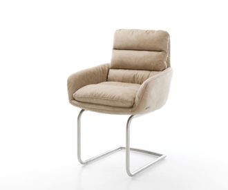 DELIFE Freischwinger Abelia-Flex mit Armlehnen Mikrofaser Beige Vintage Freischwinger rund Edelstahl, Esszimmerst&uuml;hle