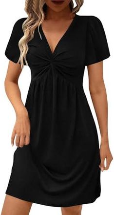Generic Robe d&eacute;t&eacute; &agrave; manches courtes et col en V torsad&eacute; sur le devant pour femme - Robe de plage fluide et d&eacute;contract&eacute;e, Noir, XXL