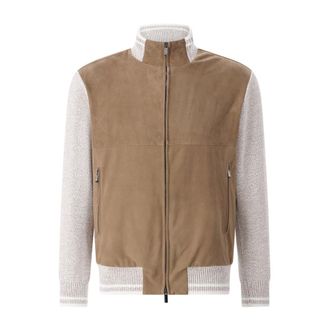 Paul & Shark Homme, Vestes, Brun, Taille: 2XL Bomber Hybride en Coton Piuma avec Suede Aqualeather