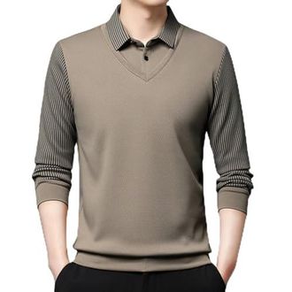 Generic Chemise en tricot &agrave; manches longues pour homme avec revers ray&eacute;, kaki, XXL