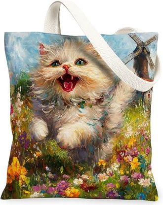 Generic Sac fourre-tout en toile motif chat persan printanier pour faire du shopping, 33 x 38,1 cm, sac d&eacute;picerie r&eacute;utilisable pour femme, motif floral amusan