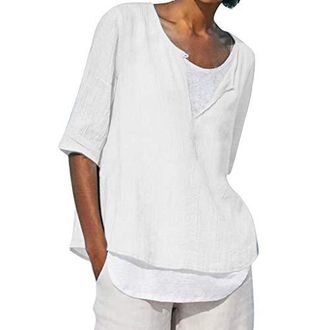 Generic T-shirt en coton pour femme - Coupe ample - Haut en lin &agrave; manches courtes et col en V - Manches 1/2 - &Eacute;paules tombantes - &Eacute;l&eacute;gante et l&eacute;g&egrave;re - Coupe d