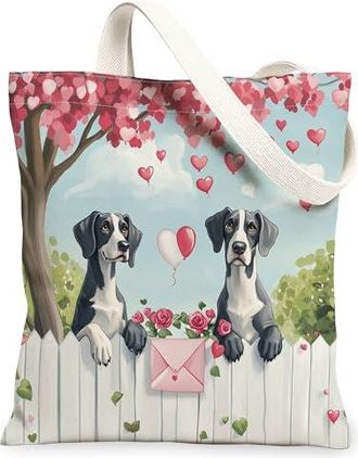Generic Sac fourre-tout en toile r&eacute;utilisable pour la Saint-Valentin - Motif dogue allemand - 33 x 38 cm - Couple de ferme - Chiot - Sac d&eacute;picerie pour femme 