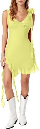 Generic Mini robe moulante sexy sans manches avec col en V et fente lat&eacute;rale en maille irr&eacute;guli&egrave;re ourlet &agrave; volants dos nu robe d&eacute;t&eacute; boh&egrave;me pour la plage, les