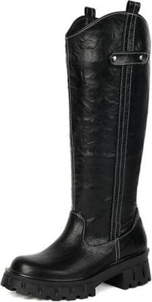 Generic Bottes déquitation à talon bloc pour femme - Doublées de fourrure - Confortables - Bout rond - Chaussures dhiver à enfiler, Noir, 39.5 EU