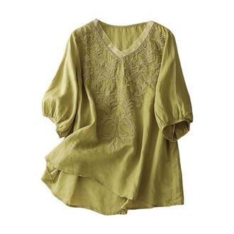 Generic T-shirt &eacute;l&eacute;gant pour femme - Col en V - Chemise en lin pour femme - Manches courtes - Broderie - Chemisier d&eacute;t&eacute; vintage - Chemisier d&eacute;t&eacute; tendance - Ch