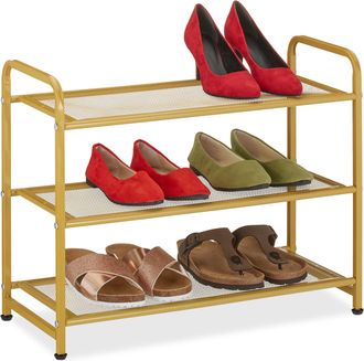 Relaxdays Schuhregal, 6 Paar Schuhe, HxBxT: 48x60x25 cm, Metall Schuhablage, schmal, 3 Ablagen, Flur Schuhgestell, Gold