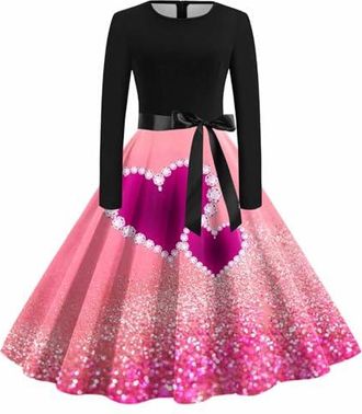 Generic Robe de plage &agrave; manches longues et col rond pour femme - Imprim&eacute; ann&eacute;es 1950, rose, S